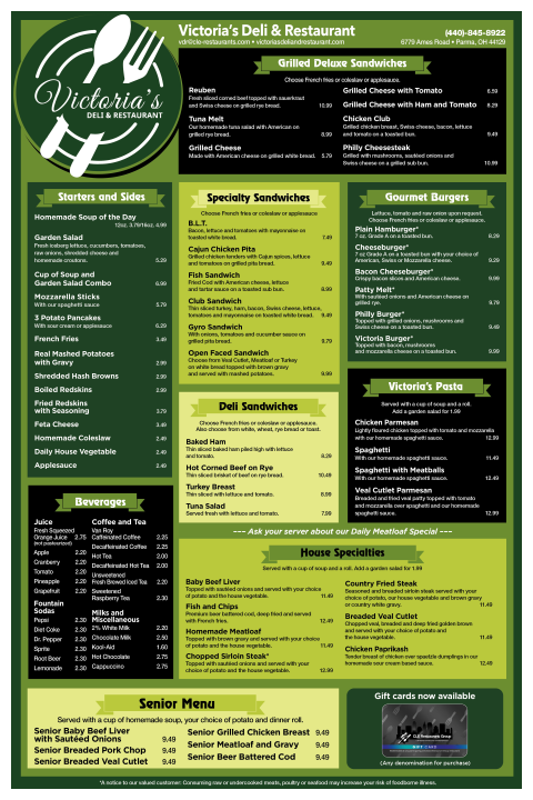 Menu | Victoria's Deli & Restaurant